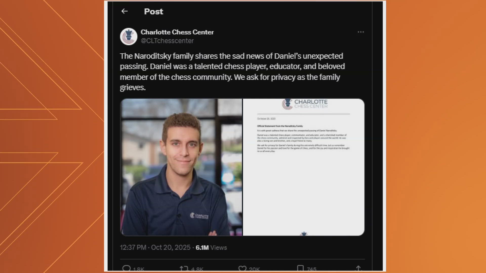 Chess grandmaster and streamer Daniel Naroditsky dies at 29 | wcnc.com