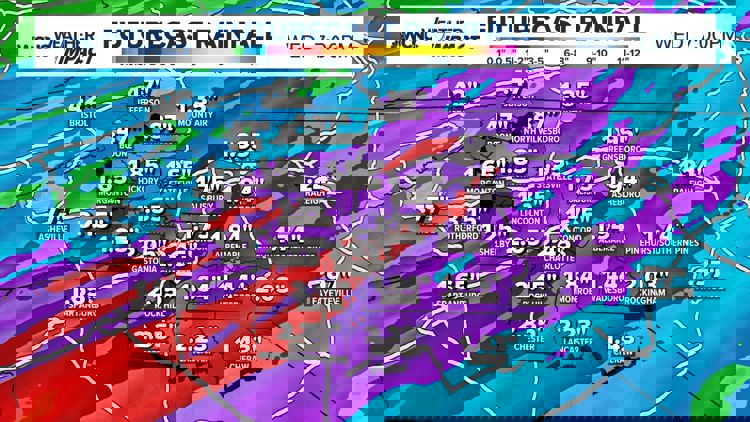 Futurecast: Heavy rain, thunder and snow in the Carolinas Tuesday and ...