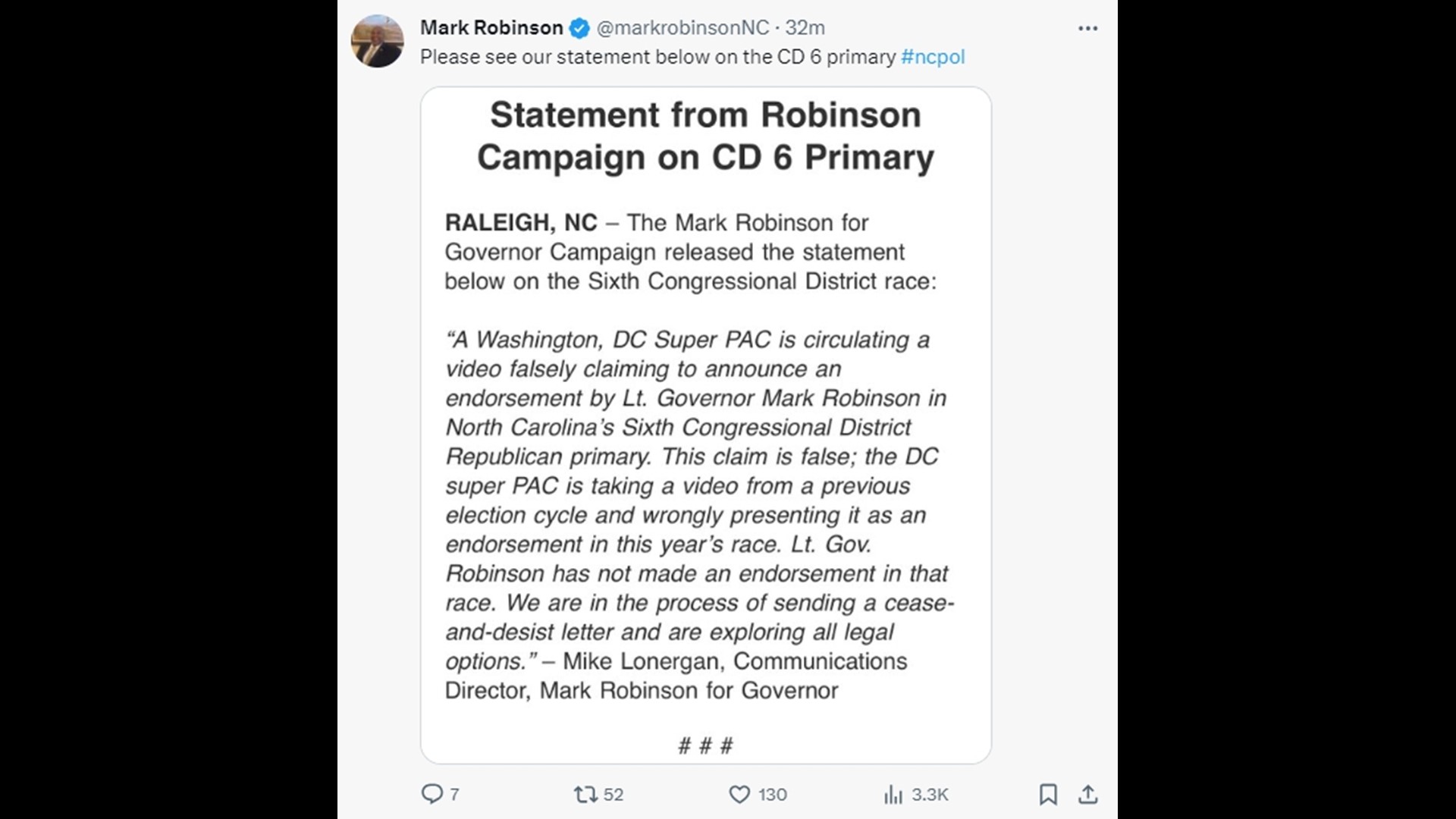 Lt. Governor Mark Robinson not endorsing Christian Castelli | wcnc.com